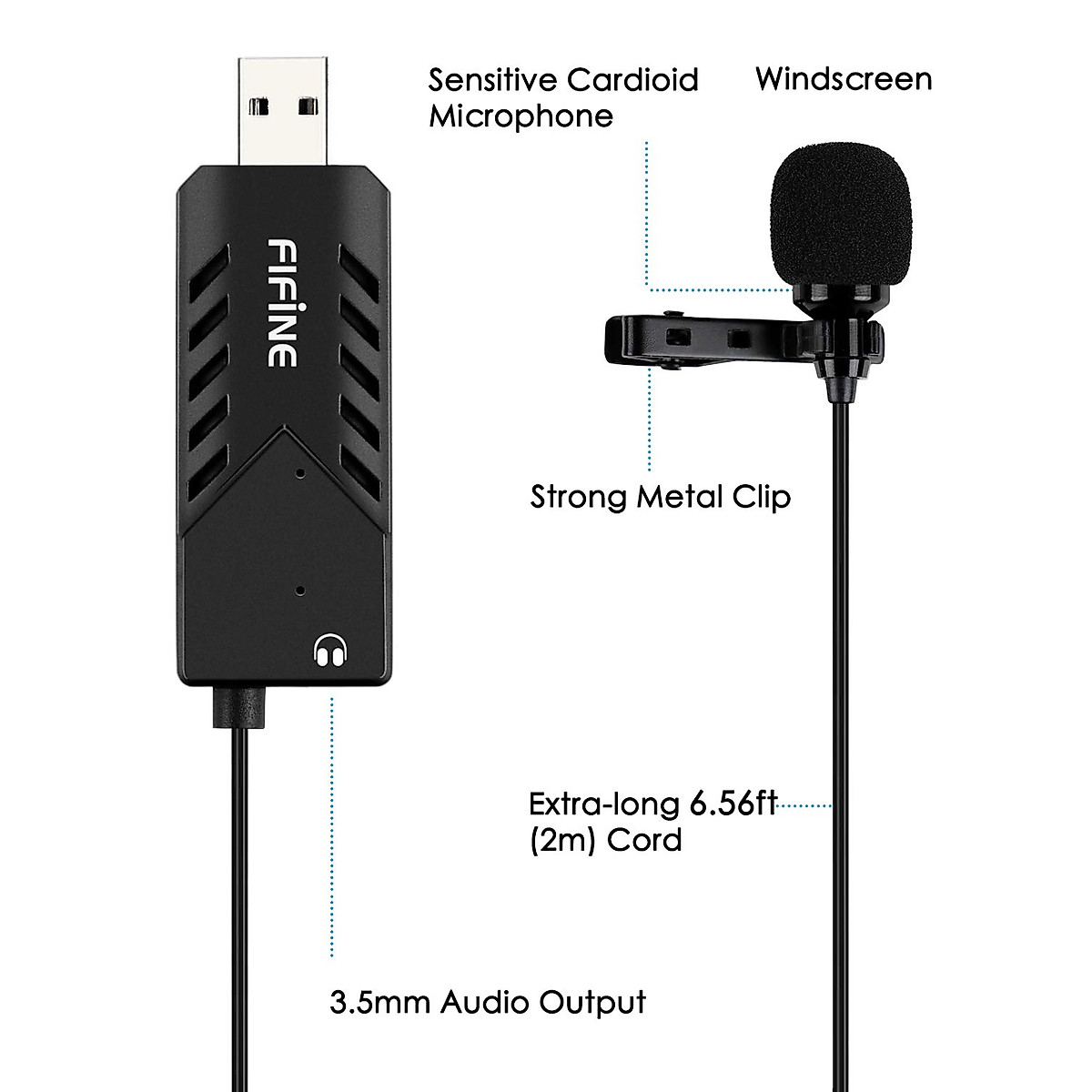 Fifine USB Lavalier Lapel Microphone, Clip-on Cardioid Condenser Computer Mic Plug and Play USB Microphone with Sound Card for PC and Mac-K053