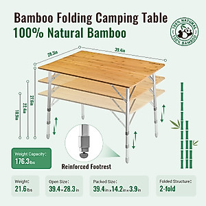 KingCamp Bamboo Folding Table Portable Camping Table Adjustable Height Camp Table 2-Folds for Travel, Picnic, Beach, Outdoor and Indoor, 4-6 People