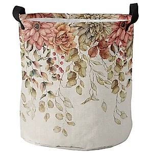 Laundry Basket, Fall Thanksgiving Red Sage Green Dahlia and Rose Flower Eucalyptus Leaf Beige Waterproof Collapsible Clothes Hamper Large Storage Bag for Bedroom Bathroom,16.5x17In