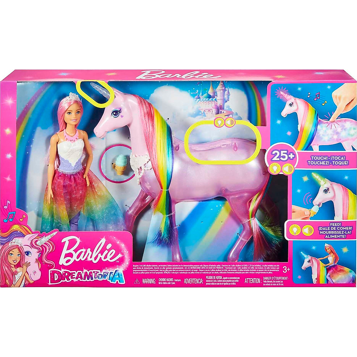 Barbie Dreamtopia Magical Lights Unicorn with Rainbow Mane, Lights and Sounds, Princess Doll with Pink Hair and Food Accessory, Gift for 3 to 7 Year Olds, Multi, Única