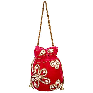 Purpledip Chenille Potli Bag (Clutch, Drawstring Purse): Intricate Bead Work Satchel Handbag, Pink (12396D)