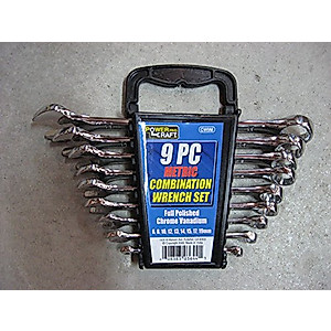 Metric Wrench Set, 9 Chrome Vanadium Combination Open End and Box End Wrenches with Organizer Storage Case