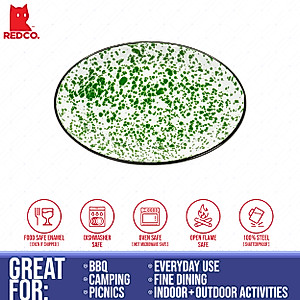 Red Co. Enamelware Metal Classic 13" Serving Oval Tray Platter, Dark Green Marble/Black Rim - Splatter Design