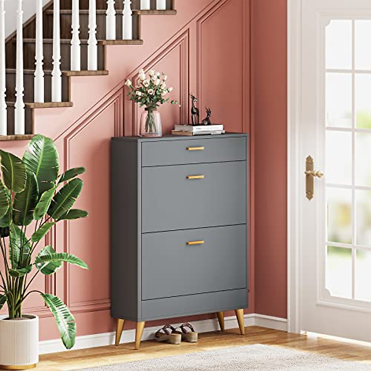 Tribesigns Shoe Cabinet, Modern Shoe Storage Cabinet with 2 Flip Doors and Drawer, Grey Narrow Shoe Organizer Rack for Entryway, Closet (Gray)