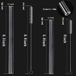 12 Pack Reusable Glass Straws Set,6 straight long straws 9"x 10 mm-Smoothie Straws reusable,6 straight short straws 6"x 10 mm-cocktail straws,With 4 cleaning brushes to clear straws