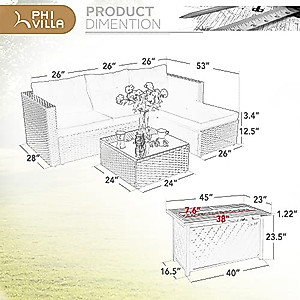 PHI VILLA Patio Furniture Sectional Sofa 7-Piece 50000 BTU Propane Gas Fire Pit Outdoor Wicker Furniture Set Steel Fire Pit Table with No-Slip Cushions Furniture Covers, Blue