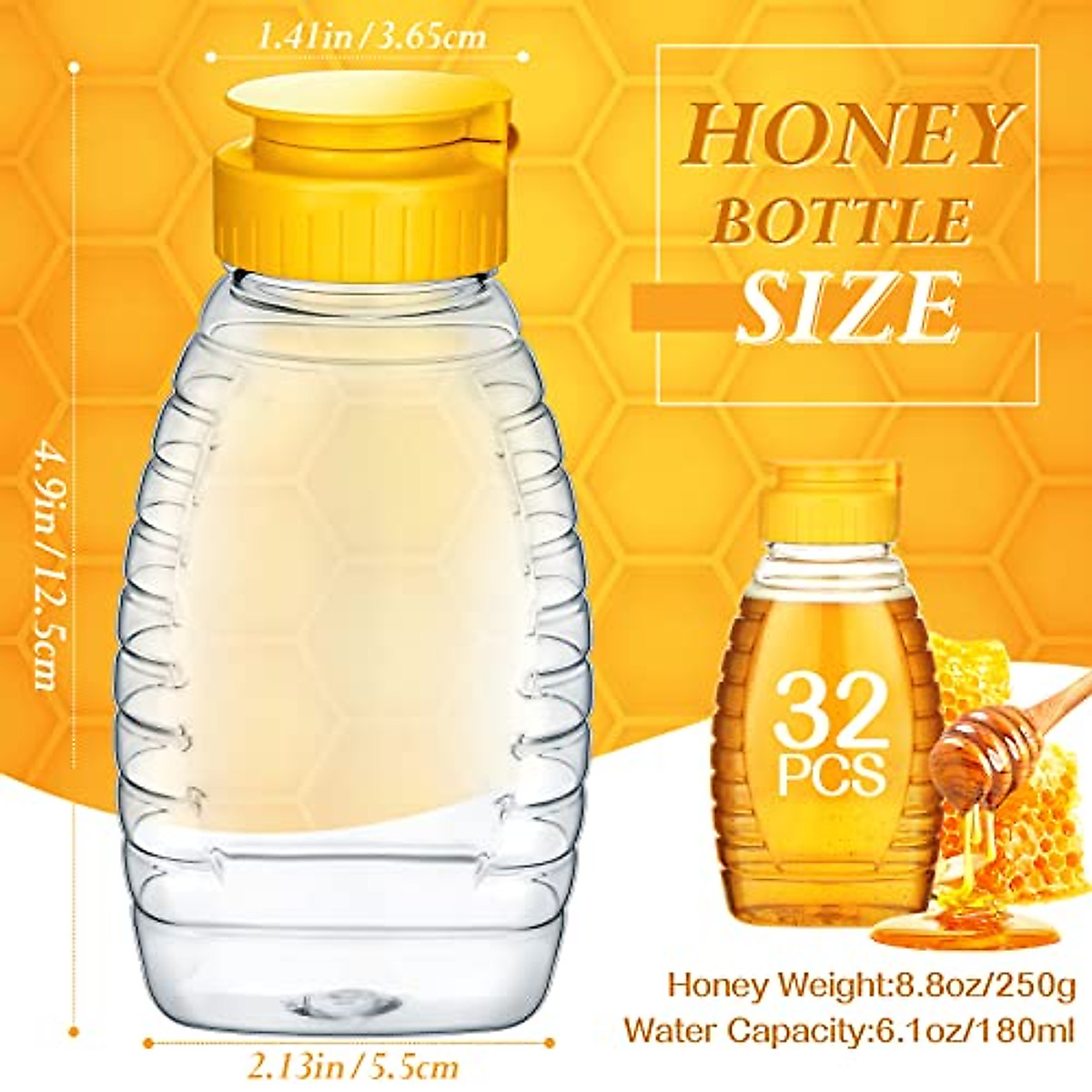 32 Pcs 8.8 oz Clear Plastic Honey Jar Empty Honey Bottles with Caps Refillable Honey Containers Leakproof Honey Squeeze Bottle Honey Bottle Container Holder with Flip Lid for Storing Dispensing Yellow