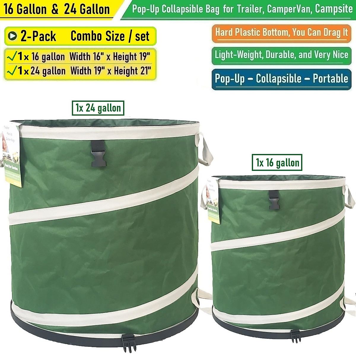 16 Gallon & 24 Gallon Collapsible Trash Can with Solid Bottom Yard Garden Bag for Pop-Up Trash Can,Recycling Bin,RV Camping Waste Bin,Home Laundry Hamper,Yard Waste Bag,Debris Bag,Lawn Grass,Leaf Bags