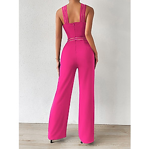 WDIRARA Women's Sleeveless Halter Tied Backless High Waist Belted Wide Leg Pants Elegant Jumpsuit Rompers Plain Hot Pink L