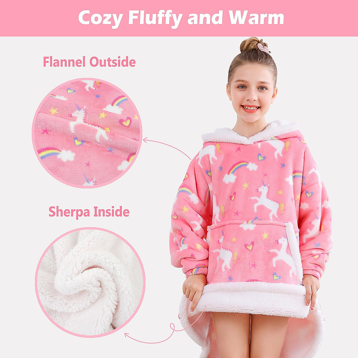 Wearable Blanket Hoodie for Kids, Super Warm and Soft Sherpa Flannel Sweatshirt Blanket with Giant Pocket, Hooded Blanket for 6-10 Year Old Girls Gifts, Pink Unicorn