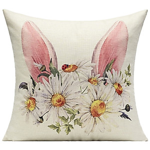WOKANI Throw Pillow Covers 18x18 Set of 4 Easter Spring Bunny Rabbit Daisy Flowers Ladybug Decorative Cushion Cases Garden Home Décor for Patio Sofa Couch Chair Porch