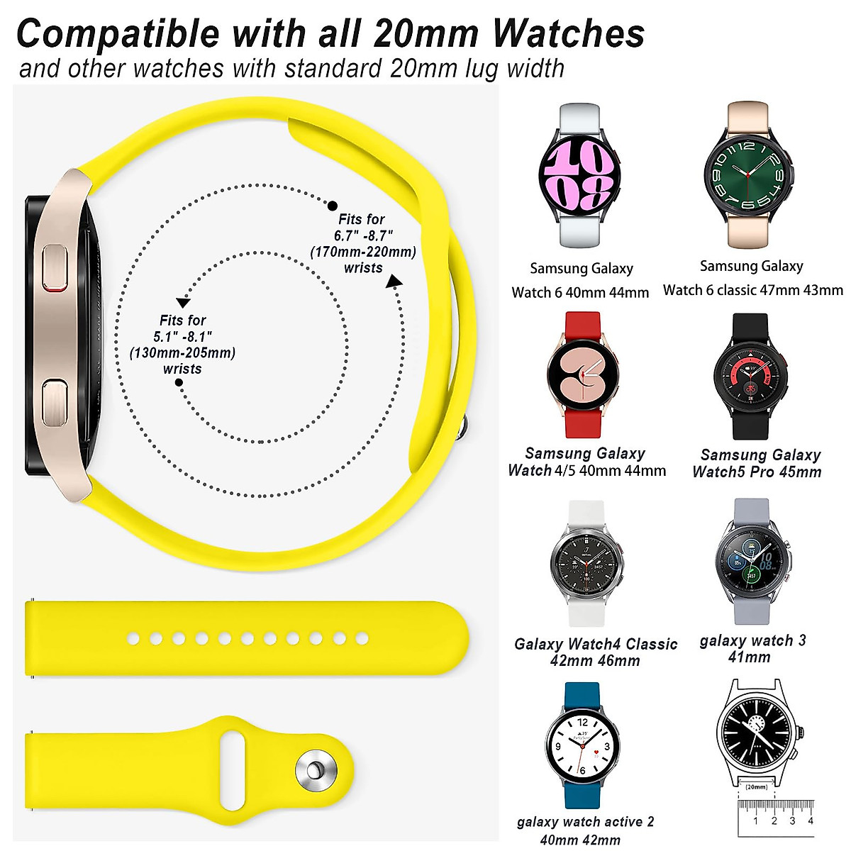 Sport Band for Samsung Galaxy Watch 7/6/5/4/FE Band 40mm 44mm/Galaxy Watch 6 Classic 47mm 43mm/4 Classic 46mm 42mm/Active 2/Watch 5 pro 45mm/3 41mm Women/Men,20mm Silicone Strap Correa Wristbands 4PCS