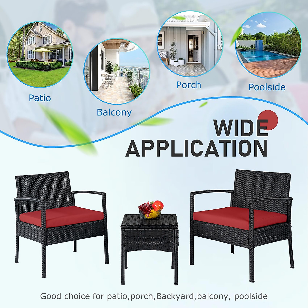 HOMEZILLIONS Outdoor Furniture 3 Piece Wicker Patio Conversation Bistro Furniture Set, All-Weather Outdoor Patio Chairs Set with Side Table for Garden Porch Yard, Red