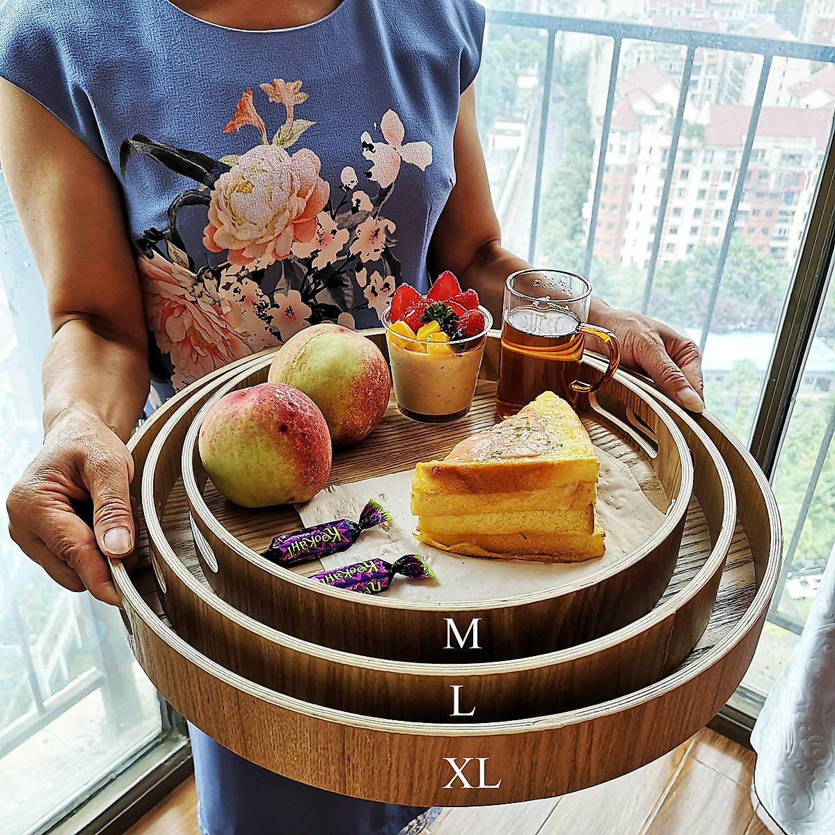 i-lan Multi-Purpose Large Wooden Round 2" High Wall Severing Tray Food Storage Platters Plate with Handles,16 Inch Cocktail Circular Wood Tray for Breakfast, Drinks, Snack, Coffee Table (XL-40cm)