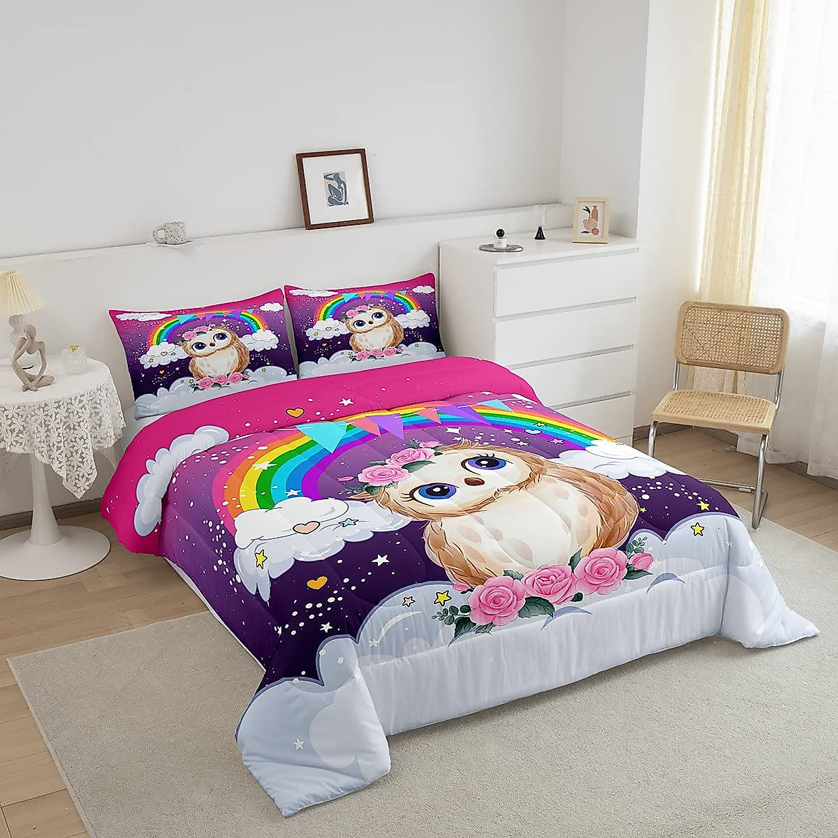 Erosebridal Rainbow Comforter Set Full,Cartoon Animal Owl Bedding for Kids Girls,Glitter Galaxy Clouds Stars Bedding Comforter Sets,Watercolor Dreamy Artwork Duvet Insert with 2 Pillowcases
