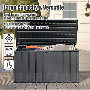 UJROQI 100 Gallon Deck Box Outside Storage Box, Lockable Storage Deck Boxes Waterproof Large Metal&Resin Deck Box with Rollers for Garden Tools Patio Cushions and Pool Supplies, Dark Grey