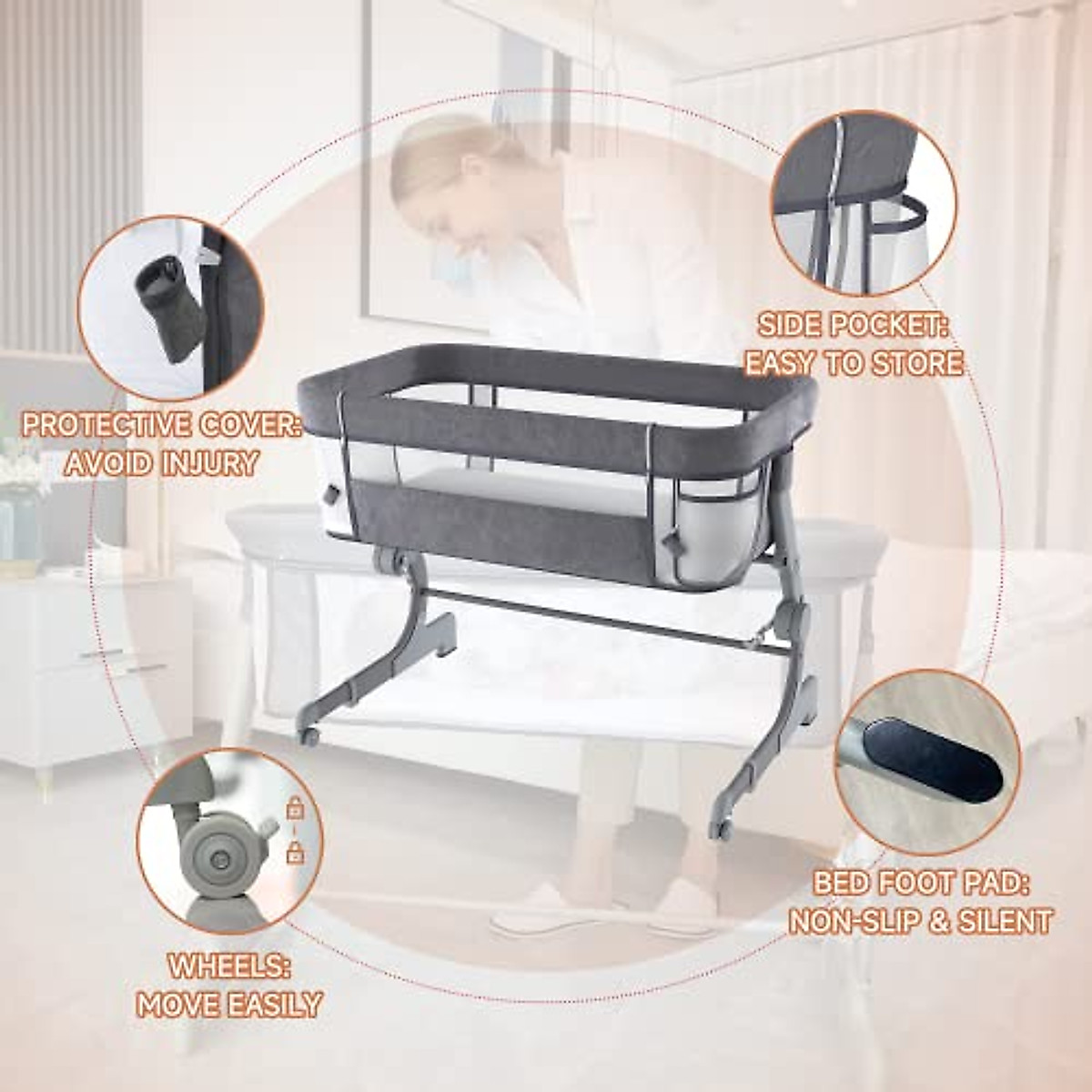 Gyvif Baby Bassinet Bedside Sleeper Crib, Easy Folding Co Sleeper Bed Side Adjustable Height Portable Crib with Wheels for Newborn