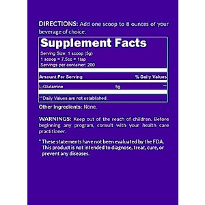 Pure L-Glutamine Made in The USA - 200 Servings - 1,000g, 2.2lb Bulk, Vegan, Non-GMO, Gluten and Soy Free. Minimize Muscle Breakdown & Improve Protein Synthesis. Nothing Artificial