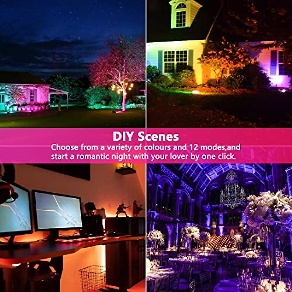 Led Flood Light 300W Equivalent 3000 LM, Outdoor Color Changing Led Stage Landscape Lights, Bluetooth RGBW Smart Floodlights 2700K & 16 Million Colors&Timing& Music Sync, IP66，US 3-Plug (2 Pack)