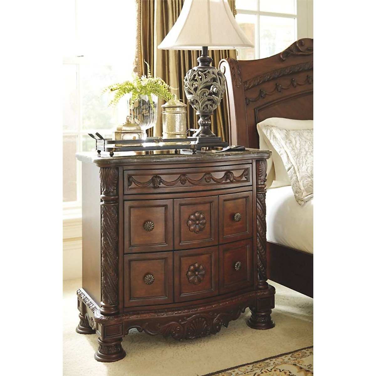 Signature Design by Ashley North Shore Ornate 3 Drawer Nightstand with Marble Inlay Top, Dark Brown
