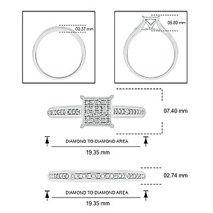 Cali Trove, 1/4cttw Diamond Square Cluster Engagement Ring with Matching Diamond Wedding Band for Women in 925 Sterling Silver, Women's Silver Square Wedding Ring Set with Diamond Accented Bands,7
