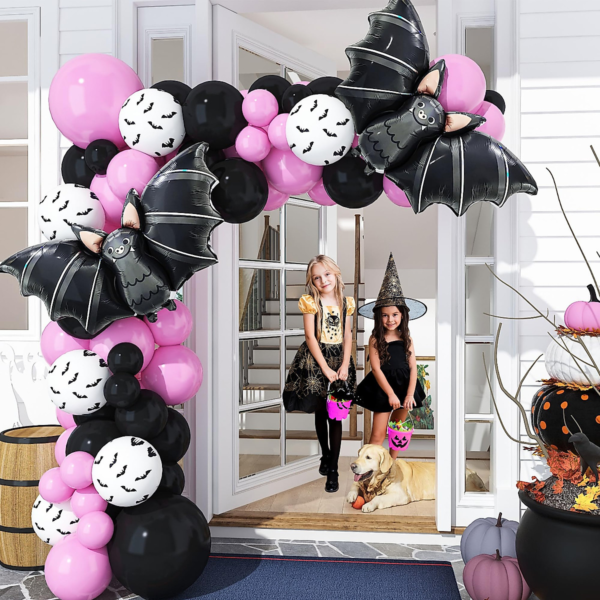 HOUSE OF PARTY Halloween Bat Balloon Garland Kit, 18/12/10/5 inch Black Pink White Balloons Arch with 2 Pcs 40'' Large Bat Foil Balloon, Bat Latex Balloons for Indoor Halloween Party Decorations