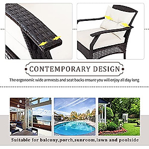 4 Piece Patio Furniture Set Outdoor Wicker Sectional Sofa Conversation Sets, with Modern Glass Coffee Table Desktop and Storage Shelf, Beige All Weather Patio Rattan Chair Sofa Set (D)