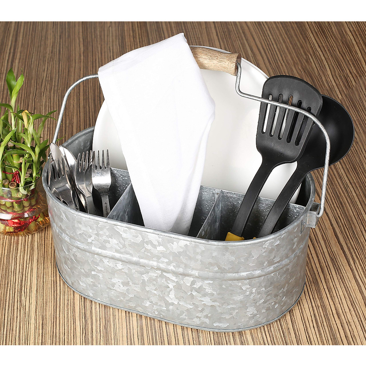 Alpha Living Home Utensil Caddy, Silverware Caddy Party, Silverware Caddy, Picnic Caddy, Flatware Caddy, Paper Plate Caddy, Galvanized Utensil Caddy, Utensil Caddy for Countertop 13.5 inch- Natural