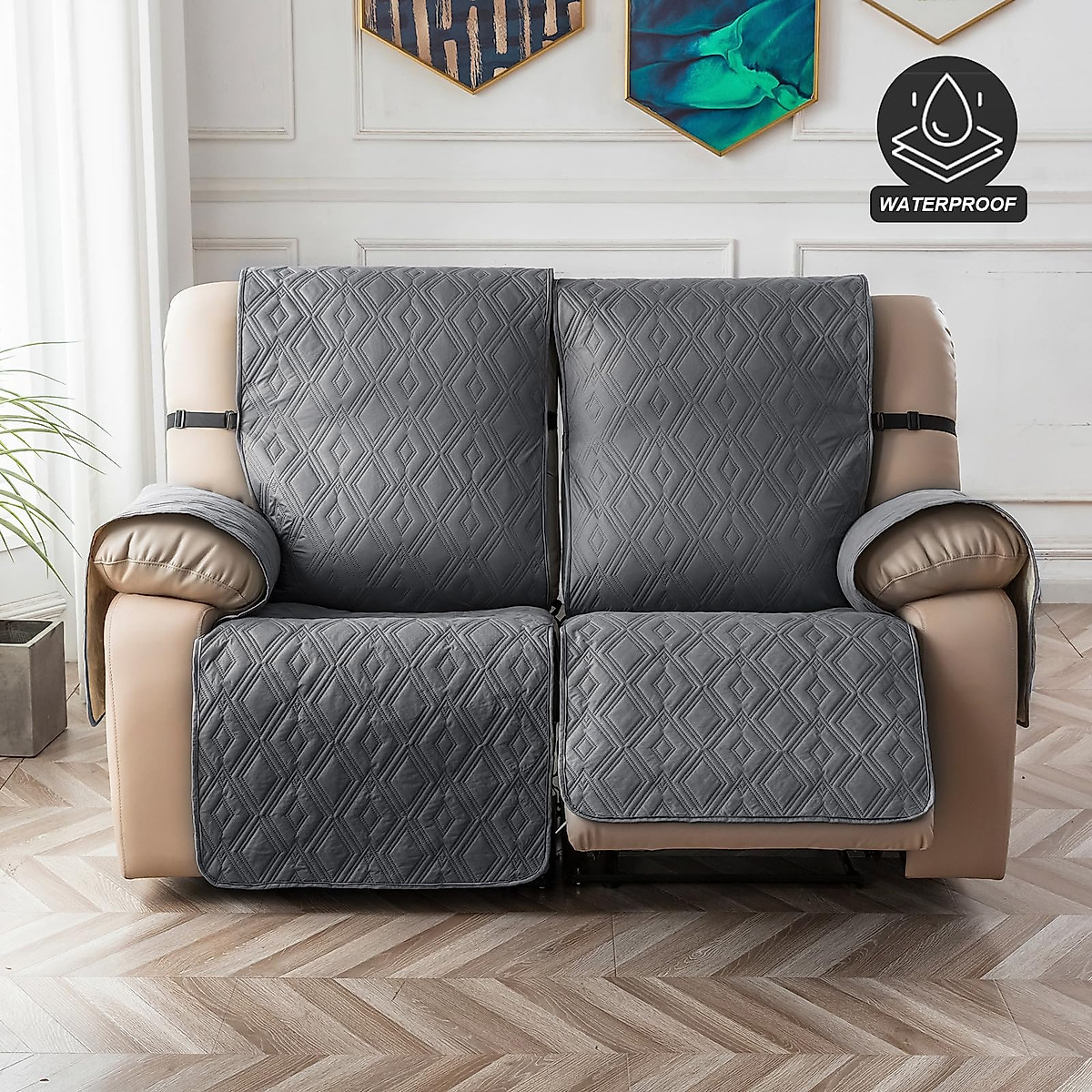 Genina Loveseat Recliner Cover Non-Slip, Sofa Cover for Reclining Couch 2 Seat, Loveseat Covers Double Recliner Furniture Protector Cover with Elastic Straps for Pets (Dark Gray, Recliner Loveseat)