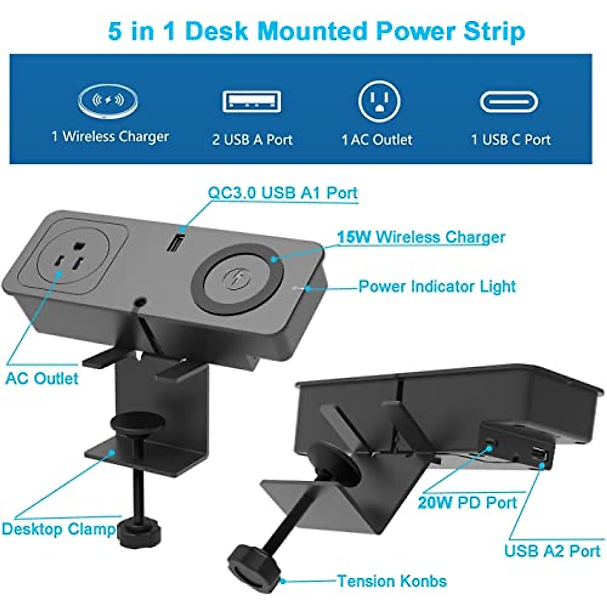 Desk Clamp Power Strip USB C, Desk Mount Power Strip with AC Outlet/2 USB Ports/15W Wireless Charger Station, Desktop Surge Protector PD 20W USB C Fast Charging, Fit 2.16" Tabletop Edge