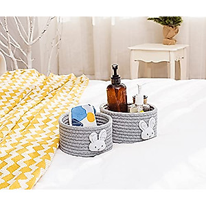 LixinJu Small Basket for Organizing Small Woven Basket Set of 2 Bunny Small Rope Basket Decorative Mini Storage Bins Round Little for Desk Dog Cat Toy Kids Baby Girls Gifts, Gray