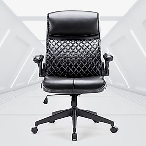 COLAMY Office Desk Chair-Executive Computer Chair, Ergonomic Leather Office Chair with Padded Flip-up Armrests, Adjustable Height Swivel Rolling Work Study Chair for Home Office Conference Room-Black