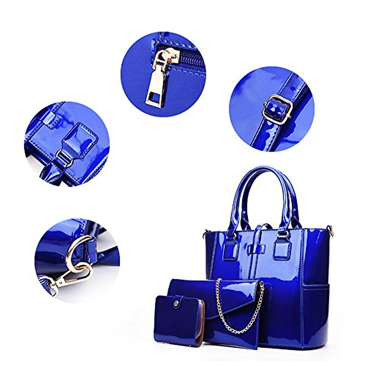 Yan Show Women's New Zipper Bag 3PCS Handbags Patent Leather Fashion Shoulder Bag Large Capacity Handbag, Blue
