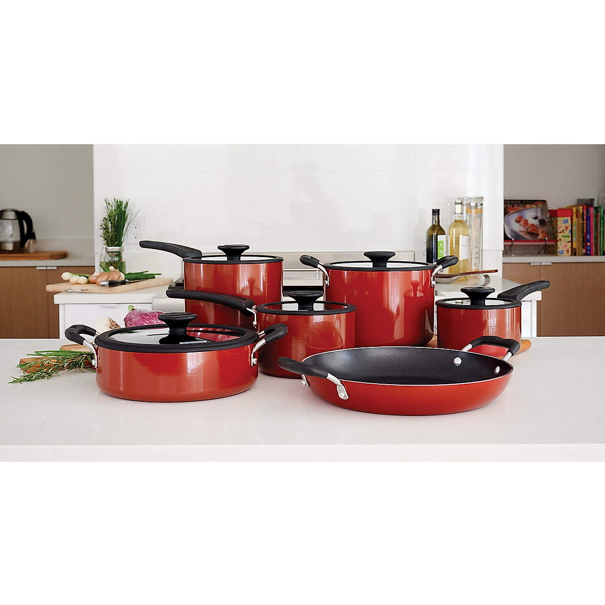 Tramontina Aluminum Non Stick 11-Piece Nesting Pots and Pans Set with Lids - Red, Kitchen Nonstick Cookware Set, Dishwasher and Oven Safe