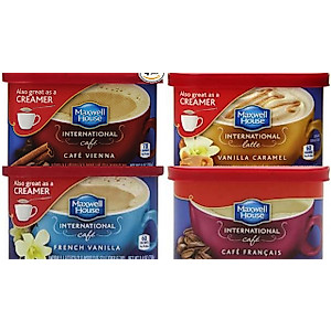 Maxwell House International Cafe 4-Can Variety Bundle includes 1-Can Cafe Francais, 7.6 oz + 1-Can French Vanilla, 4 oz + 1-Can Vanilla Caramel, 8.7 oz + 1-Can Cafe Vienna, 9 oz