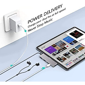 iPad Pro USB C Hub, 6-in-1 Adapter for iPad Pro 2021 iPad Air 5 Docking Station with 4K HDMI, 60W Power Delivery, 2 USB 3.0 & 3.5mm Headphone Jack, for MacBook Air, MacBook Pro, XPS, and More