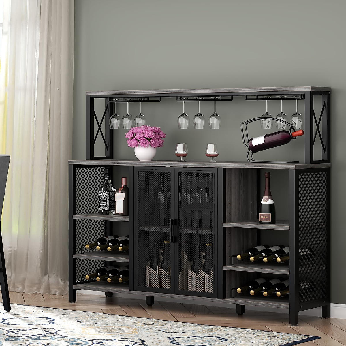 Gyfimoie Wine Bar Cabinet, 55 Inches Industry Coffee Bar Cabinet with Wine Rack and Glass Holder, Kitchen Sideboard Buffet Cabinet with Wine Rack Storage for Liquor and Glasses (Rustic Grey)