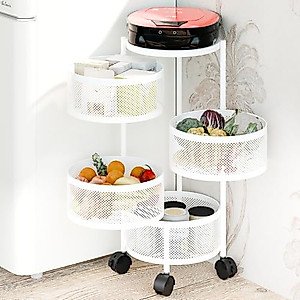 curfair Rotating Storage Rack for Kitchen, 3/4/5 Tier Circular Rotating Storage Shelf Kitchen Storage Cart, Fruit Metal Wire Basket Shelf for Kitchen,Living,Room and Bathroom White Four Layer