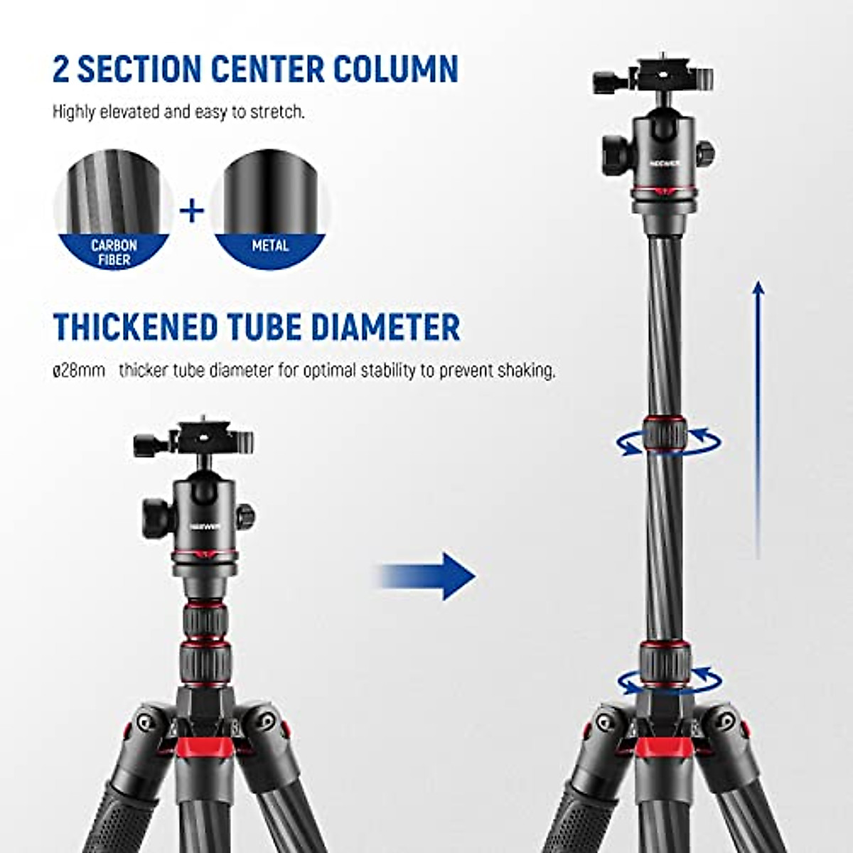 NEEWER Upgraded 80.7" Carbon Fiber Camera Tripod Monopod with Telescopic 2 Section Center Axes, 360° Panorama Ballhead, 1/4" Arca Type QR Plate, Travel Tripod with ø28mm Column, Max Load 26.5lb, N55CR