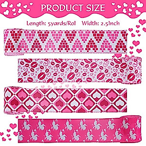 Kuscul 25 Yards Valentine Wired Edge Ribbons, 2 1/2 Inch Rose Pink Style Lips Love Heart Cupid Pattern Buffalo Plaid Ribbons for Valentine's Day Anniversary DIY Craft Wedding Party Wreath Bow