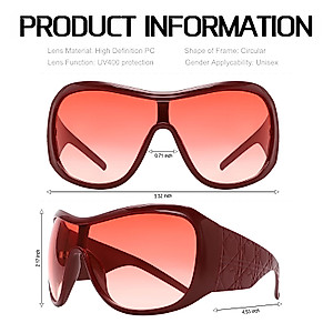 BOTEN Red Oversized Sunglasses For Women Men, Big Tinted Funky Wrap Around Sunglasses Rave Cool Shield Shades Glasses