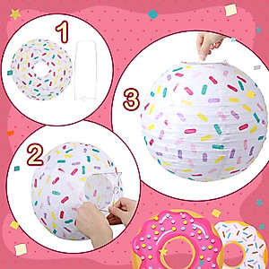 24 Pcs Donut Birthday Party Decorations, Donut Theme Table Cover, 8 Donut Paper Lanterns, Honeycomb Ball, 2 Party Paper Fans, 10 Donut Hanging Swirl, 4 Donut Balloons Garland for Baby Shower Party