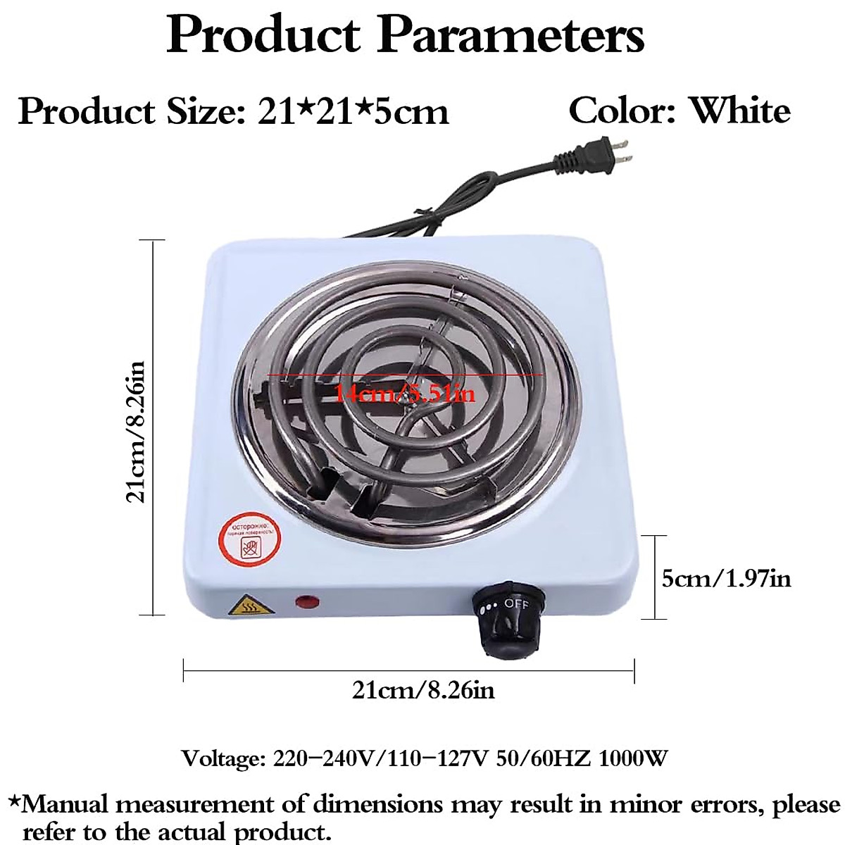 Compact and Portable Countertop Burner- Countertop Single Coiled Burner 1000 Watts Electric Hot Plate Temperature Controls White
