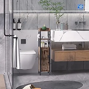 VECELO Small Bathroom Cabinet Toilet Paper Holder with Door & 2 Shelves, Upgraded Storage Organizer,Fenced Top, Waterproof Coating, 7.9" L x 7.1" W x 31.5" H, Slim-Rustic Brown