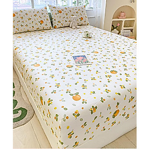 100% Cotton Fitted Sheet with Elastic Band +2pc Pillowcases Orange Fruit Print Double Queen Cal-King Size Mattress Cover for Girls Boys B99A (Queen (U.S. Standard))