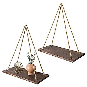Mkono Hanging Shelves Boho Wall Decor Set of 2 Rustic Wood Floating Shelf with Rope Photo Plants Display Room Decor Aesthetic for Bedroom Bathroom Home Office College Dorm