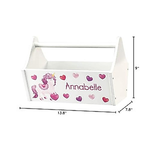 Fox Valley Traders Personalized Kids Wooden Toy Caddy, Customized Children’s Toy Storage Bin, Unicorn Hearts Design