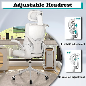 FOKESUN Ergonomic Office Chair, High Back Mesh Desk Chair with Molded Foam Cushion, Adjustable Headrest, Lumbar Support, Lock Function (All White)