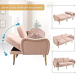 GNIXUU Small Couches for Living Room 65 inch, Mid Century Modern Velvet Love Seats Sofa Convertible Futon Bed with 2 Bolster Pillows, Loveseat Armrest for Bedroom, Apartment, Office, Pink