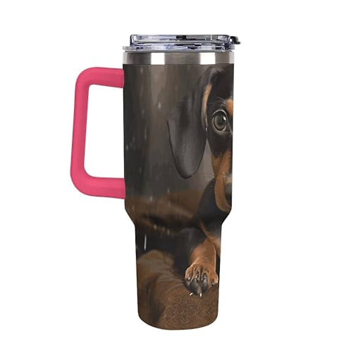 LLUTSNTH 40 Oz Vacuum Tumbler with Light Rose Red Handle Leakproof Insulated Tumbler Cute Dachshund Stainless Steel Travel Mug with Lid And Straw Coffee Cup Cute Water Bottles Cup Holder Friendly